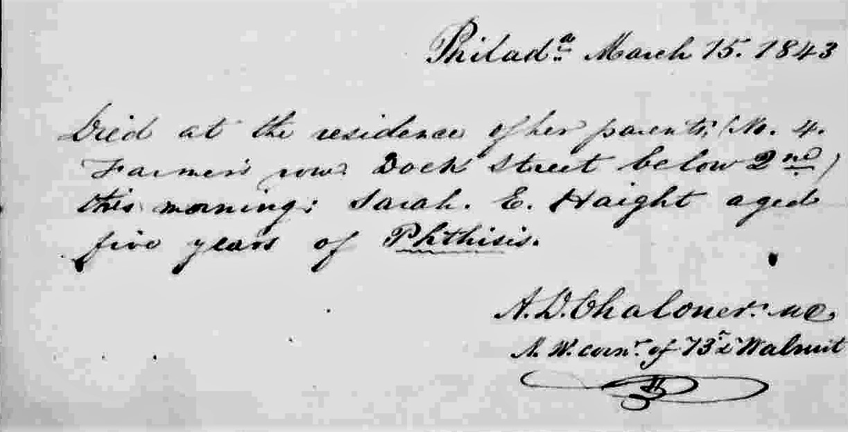 Five-year-old Sarah E. Haight died this date, March 15th, in 1843 and ...
