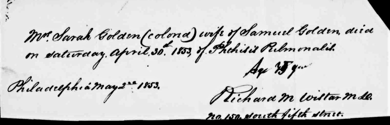 Thirty-five-year-old Sarah Golden died this date, April 30th, in 1853 ...
