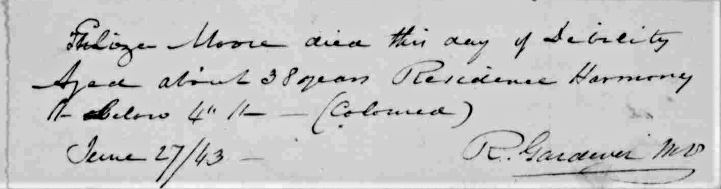 Thirty-eight-year-old Eliza Moore died this date, June 27th, in 1843 ...