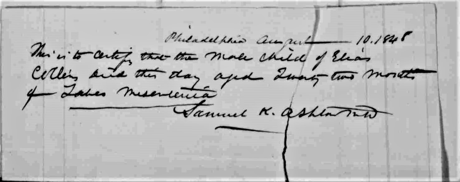 The twenty-two-month-old son of Elias and Marsha Collins died this date ...