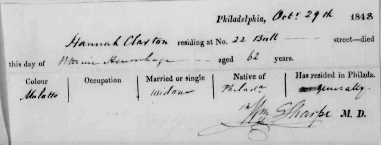 Sixty-two-year-old Hannah Claxton died this date, October 29th, in 1848 ...