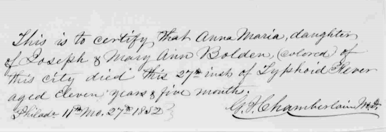 Eleven-year-old Anna Maria Bolden died this date, November 27th, in ...