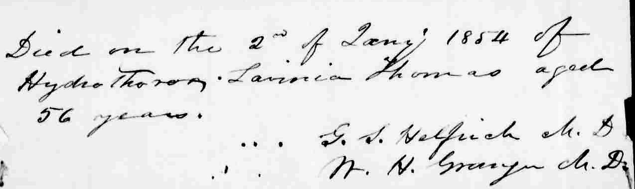 Fifty-six-year-old Lavinia Thomas died this date, January 2nd, in 1854 ...