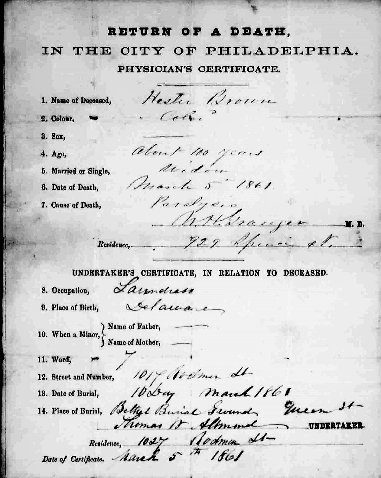 One-hundred-year-old Hester Brown died this date, March 5th, in 1861 ...