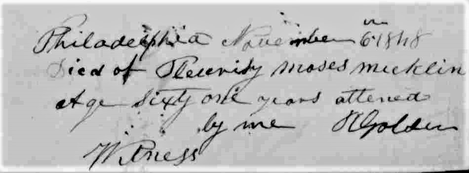 Sixty-one-year-old Moses Macklin died this date, November 6th, in 1848 ...